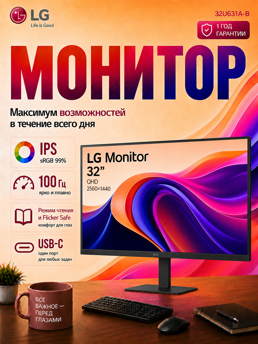 Монитор LG 32U631A-B, 32', 100 Гц, QHD (2560 x 1440) IPS с sRGB 99%, эргономичная подставка, тонкий, черный, матовый