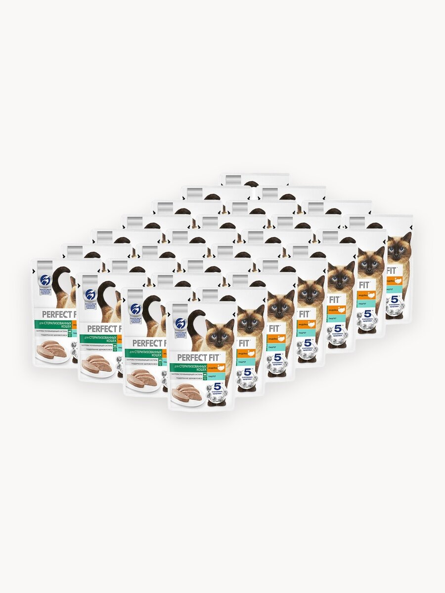 PERFECT FIT для взрослых кастрированных котов и стерилизованных кошек паштет с индейкой пауч 75 гр 75 гр х 28 шт