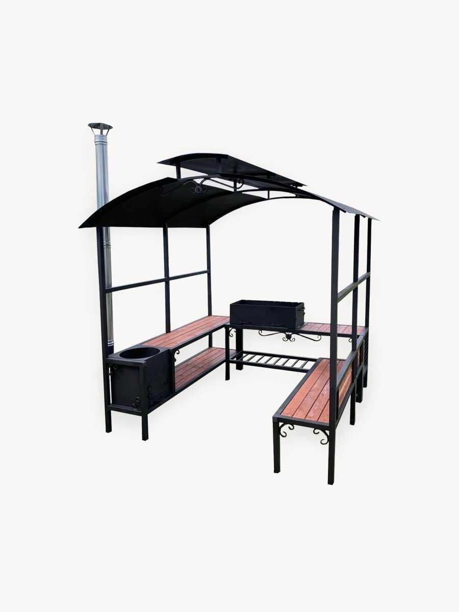 Мангал с крышей AL 19, в стиле лофт, со скамейкой, 190х220х235см