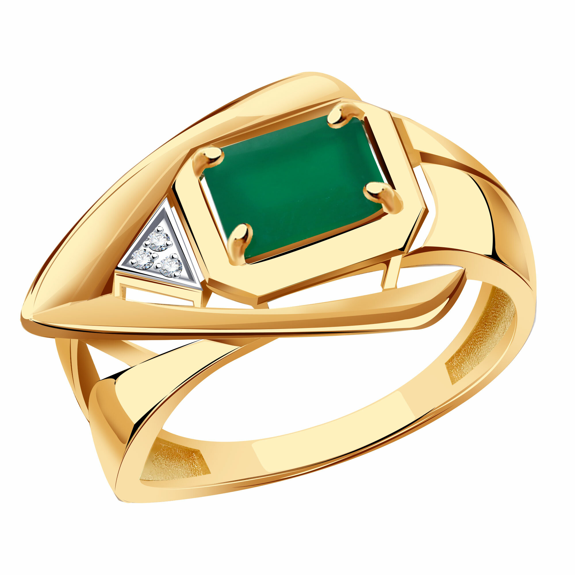 Кольцо широкое, красное золото, 585 проба, агат, фианит