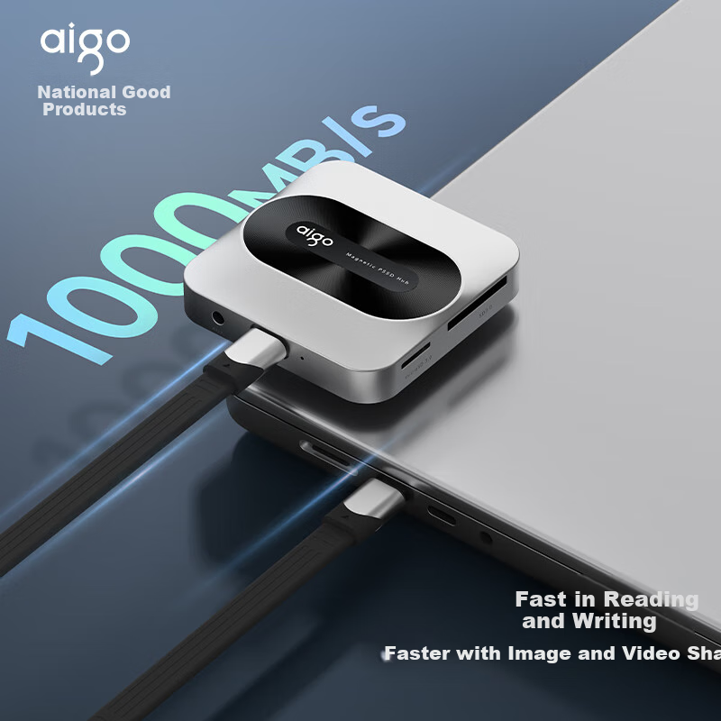 Aigo 1TB Portable Solid State Drive (PSSD) H1 Magnetic Absorption Storage Expansion 8-in-1 PD External Power Dock Card Reader Hard Drive Read and Write at the Same Speed 1000MB/s