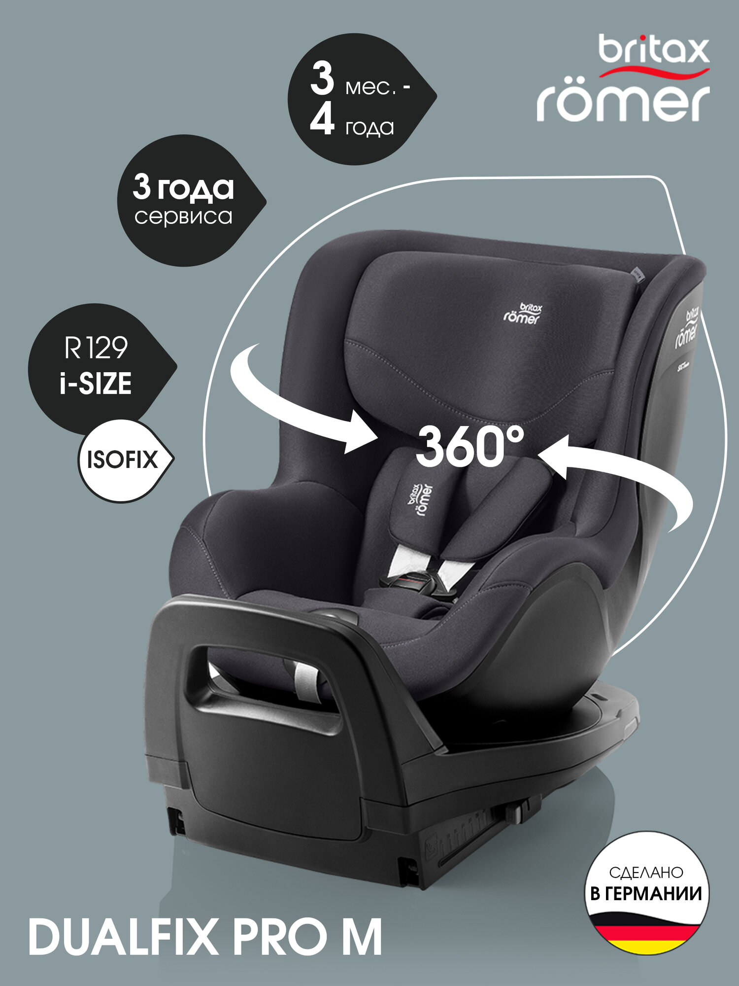 Автокресло детское Britax Roemer DUALFIX PRO M Classic Deep Grey для детей с 3 месяцев до 4 лет, ростом 61 - 105 см, до 19 кг