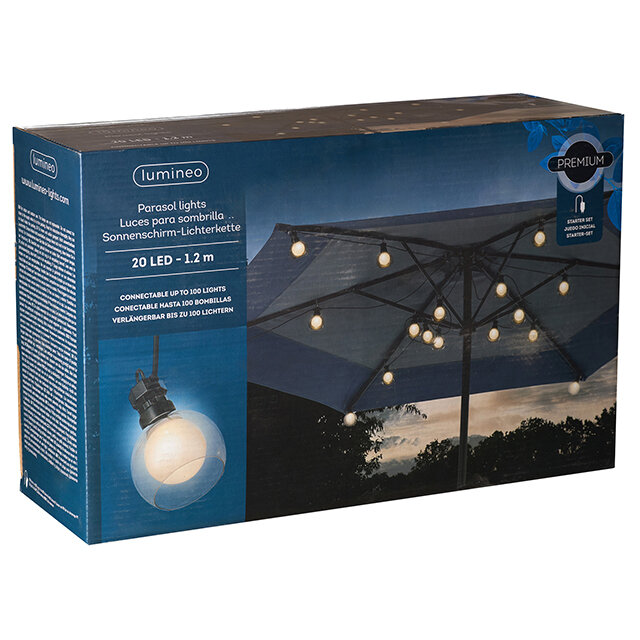 Гирлянда из лампочек для уличного зонта Parasol Lights 1.2 м, 20 теплых белых LED ламп, черный ПВХ, IP44, Kaemingk, 490085