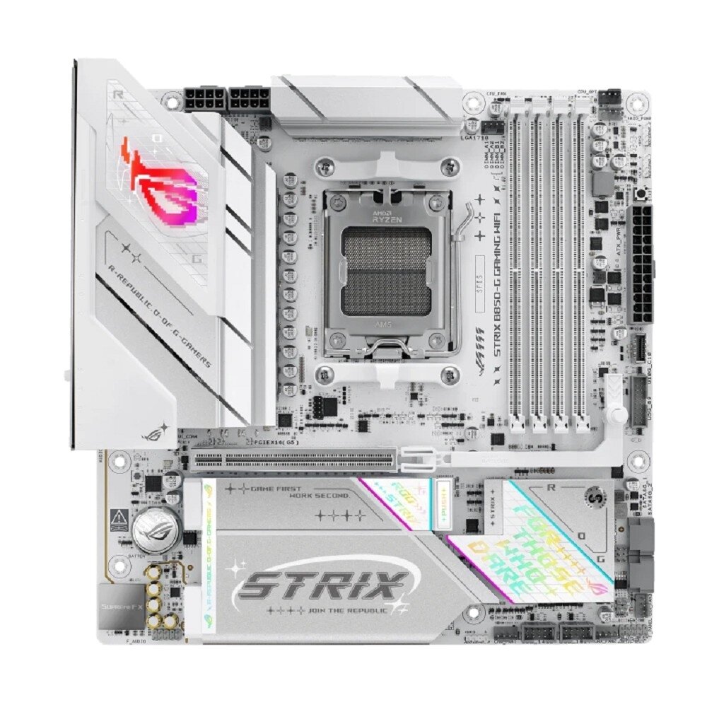 Материнская плата ASUS ROG STRIX B850-G GAMING WIFI (Socket AM5, mATX, 4xDDR5(256GB), DP/HDMI, 2xPCIe 5.0x16, 1xLAN (2.5GbE), Wi-Fi, BT, 2xSATA 6Gb/s, 4xM.2, 2xType-C, 6xUSB 3.2, 2xUSB 2.0)