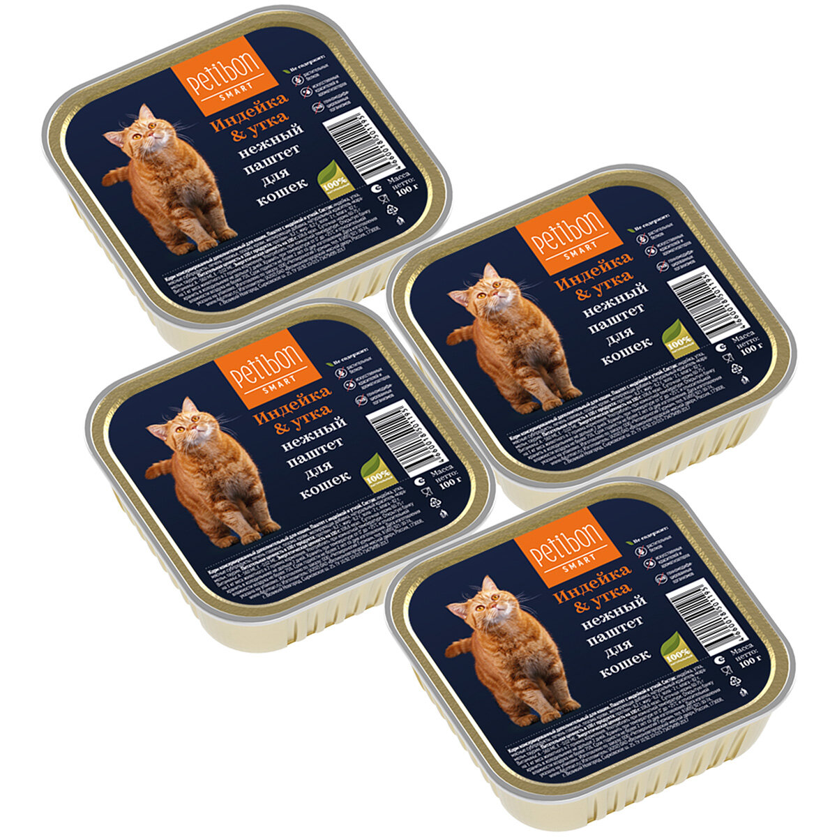 Влажный корм Petibon Smart для кошек паштет с индейкой и уткой ламистер, 100 г 4 шт