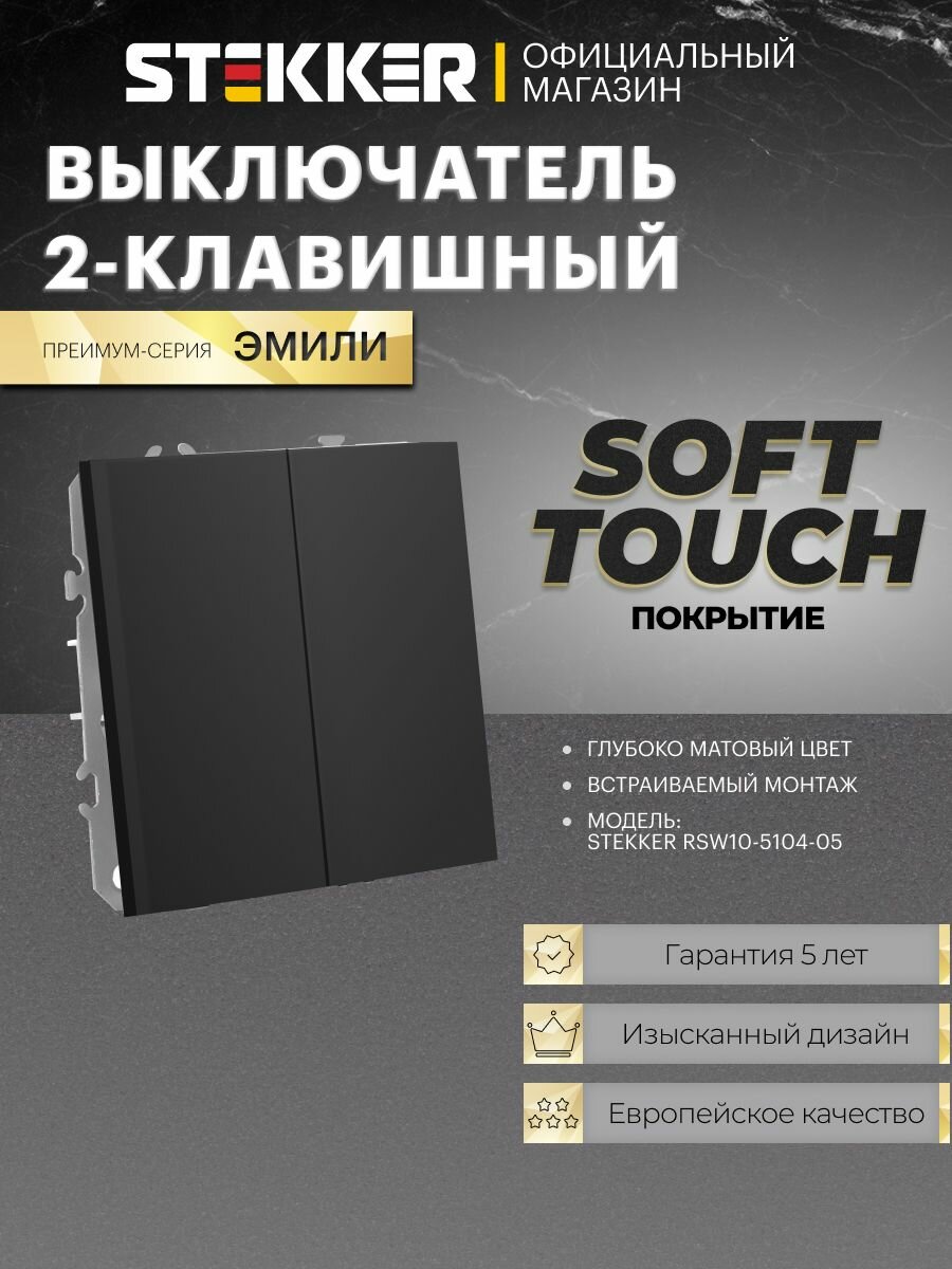 Выключатель двухклавишный встраиваемый, черный уголь, 10А 250В, Stekker RSW10-5104-05 Эмили 49840