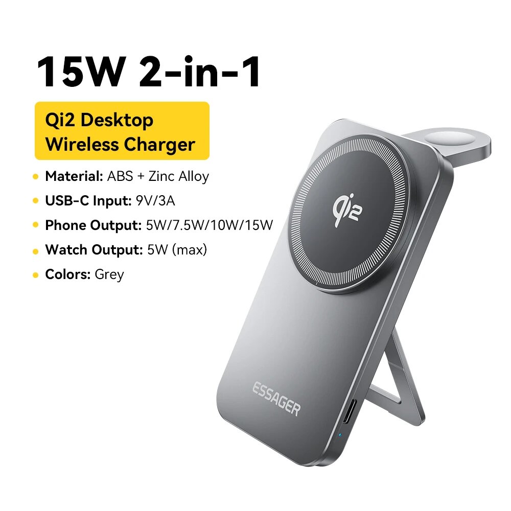Беспроводное зарядное устройство Essager 2 в 1 Qi2 15 Вт Магнитная подставка для беспроводной зарядки для iPhone 16 15 14 Pro AirPods Apple Watch 8 9 Зарядное устройство