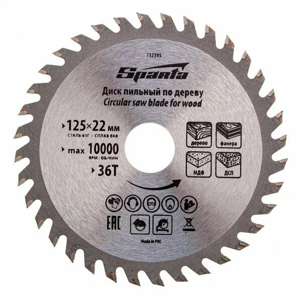 Пильный диск по дереву, 125 х 22 мм, 36 зубьев Sparta 732395
