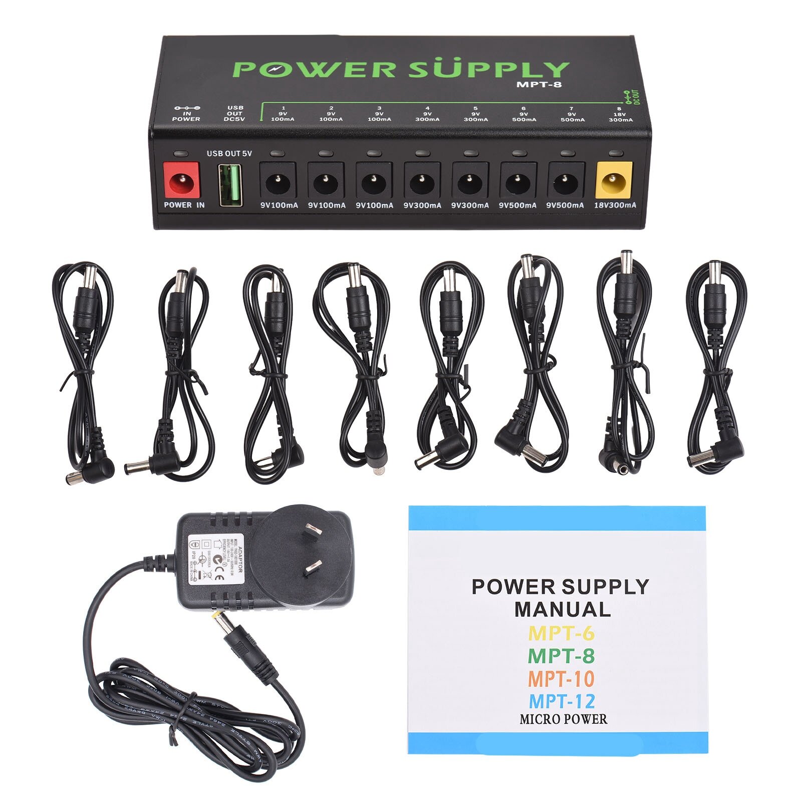 Блок питания для гитарных педалей MOSKYAUDIO на 8 каналов с независимой защитой от короткого замыкания и светодиодной индикаторной платой для эффектов и других портативных устройств.