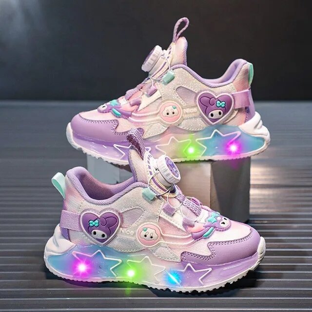 Кроссовки Sanrio Kawaii Kuromi My Melody Led, повседневные, с рисунком из мультфильма, с вращающейся пряжкой, детские, со светодиодной подсветкой