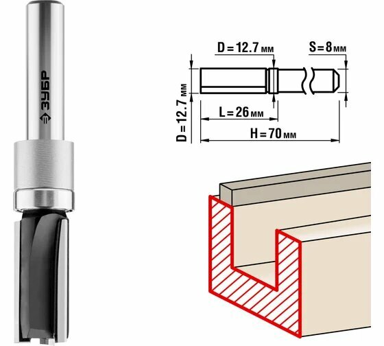 Пазовая прямая фреза с верхним подшипником ЗУБР Профессионал 12.7х26 мм 28781-12.7-26