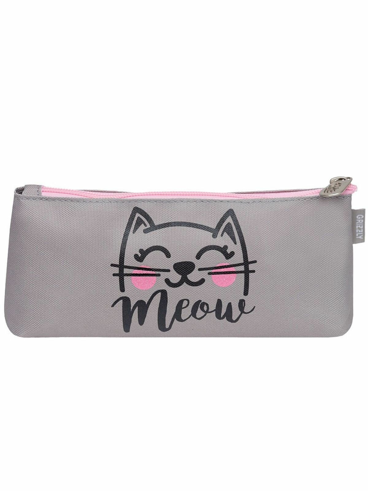 Пенал-косметичка GRIZZLY 22х9х6 см "Мяу", серый, 1 отделение