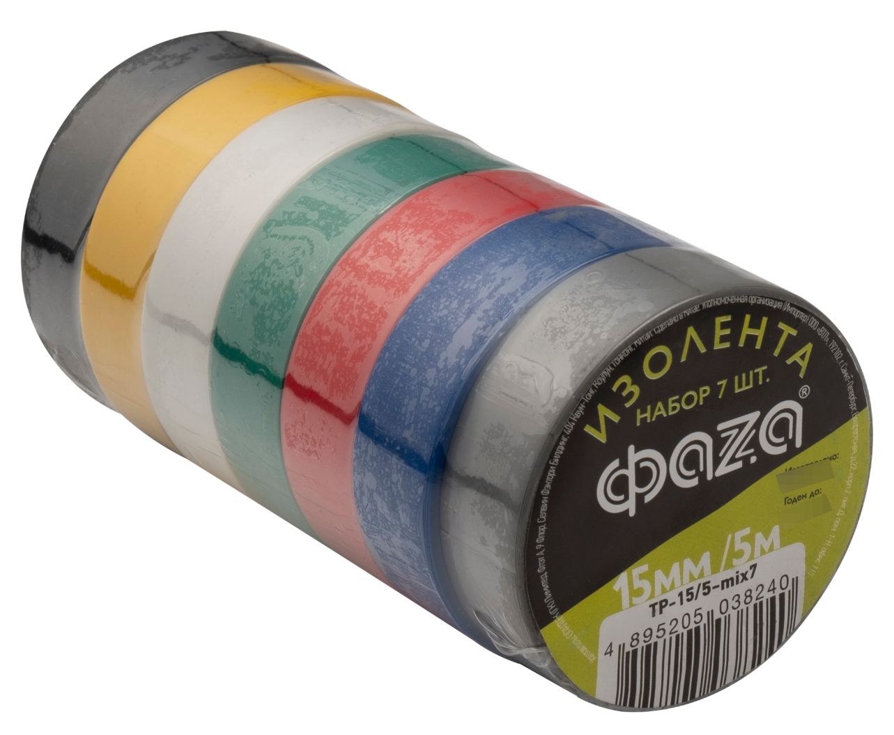 Изолента ПВХ Фаzа / Фаза TP-15/5-mix7, 0.13х15мм, 5м, набор из 7 цветов, 7шт, 5030725 / защитная лента