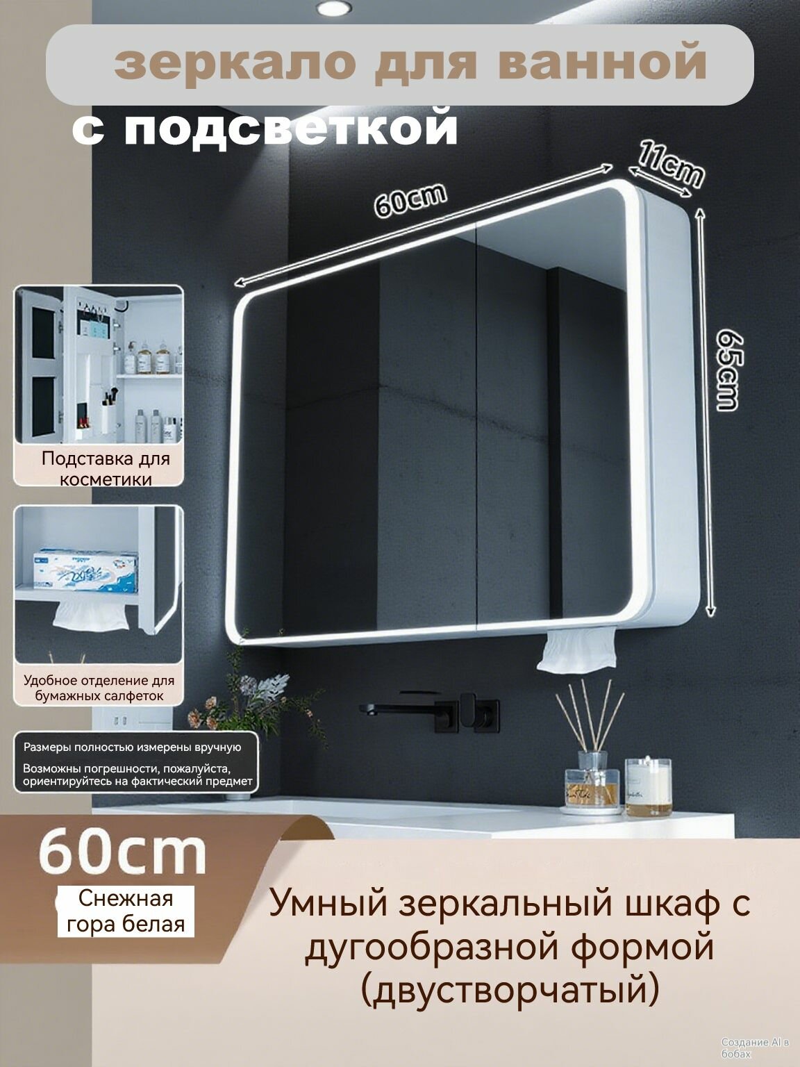 Умный круглый зеркальный шкаф для ванной из алюминия с подсветкой, подогревом и полкой для косметики