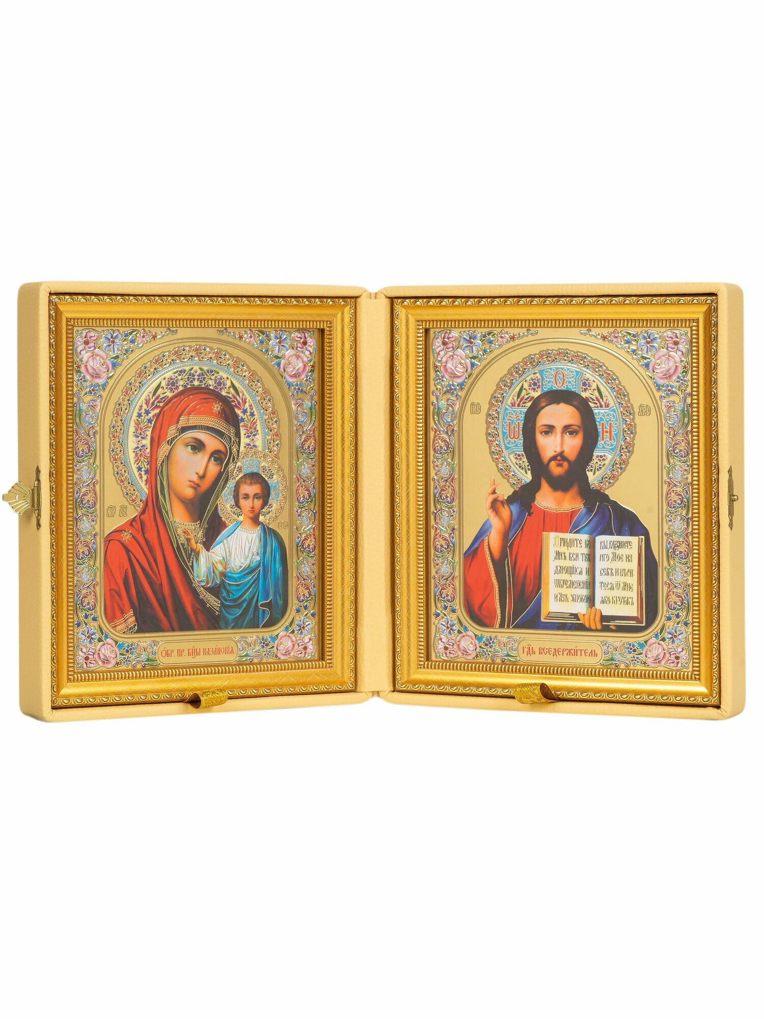 Складень венчальный, бежевая кожа. С вышитым крестом, 21х18,5х6 см