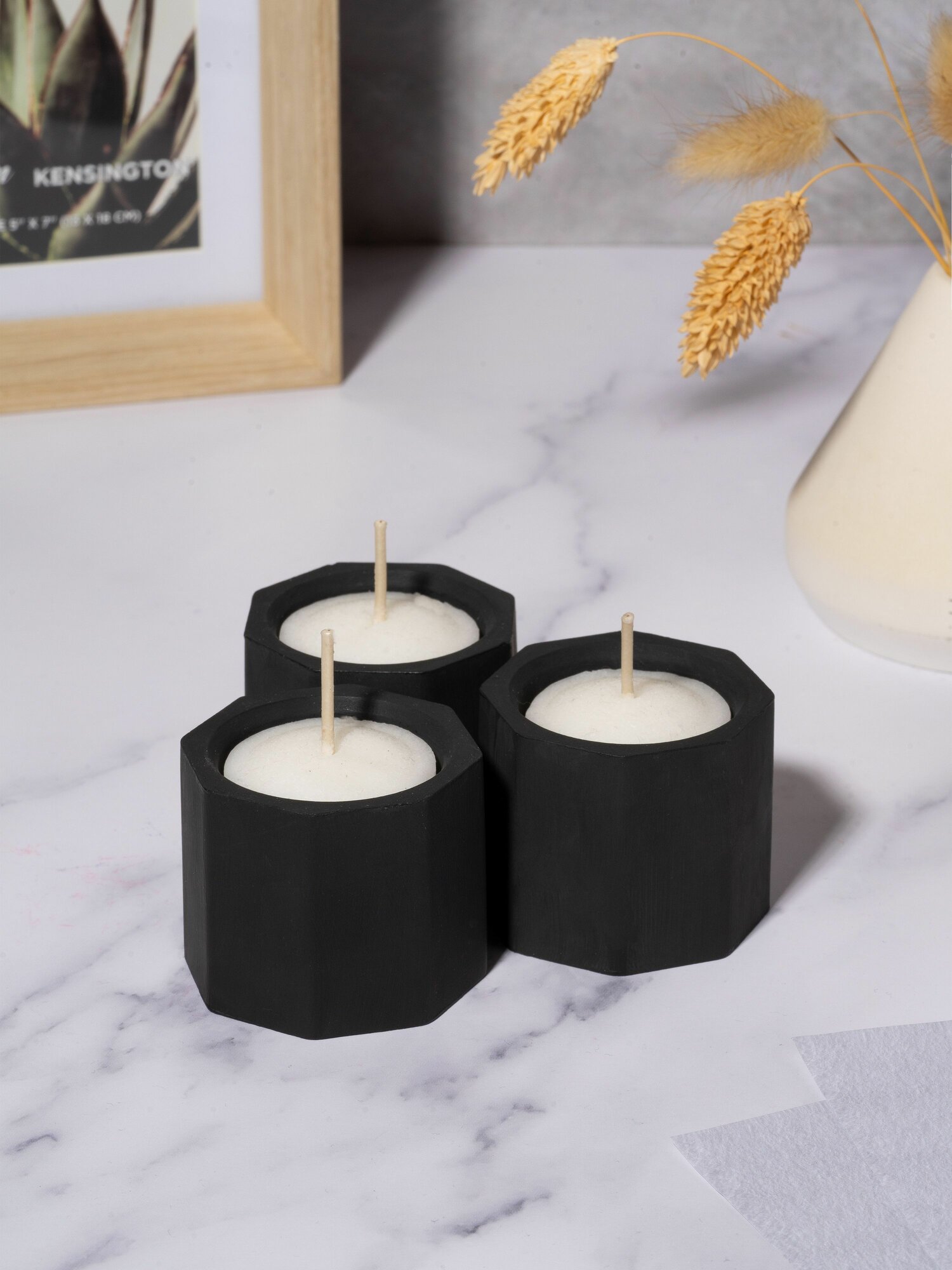 Кашпо черное гипсовое 3 шт, подсвечник для свечей и суккулентов