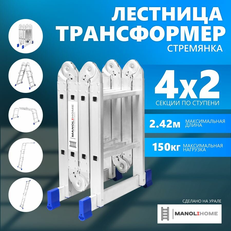 Лестница-стремянка 4x2 трансформер MANOLIHOME (4 секции по 2 ступени), высота 2,42 м, уралпрофи