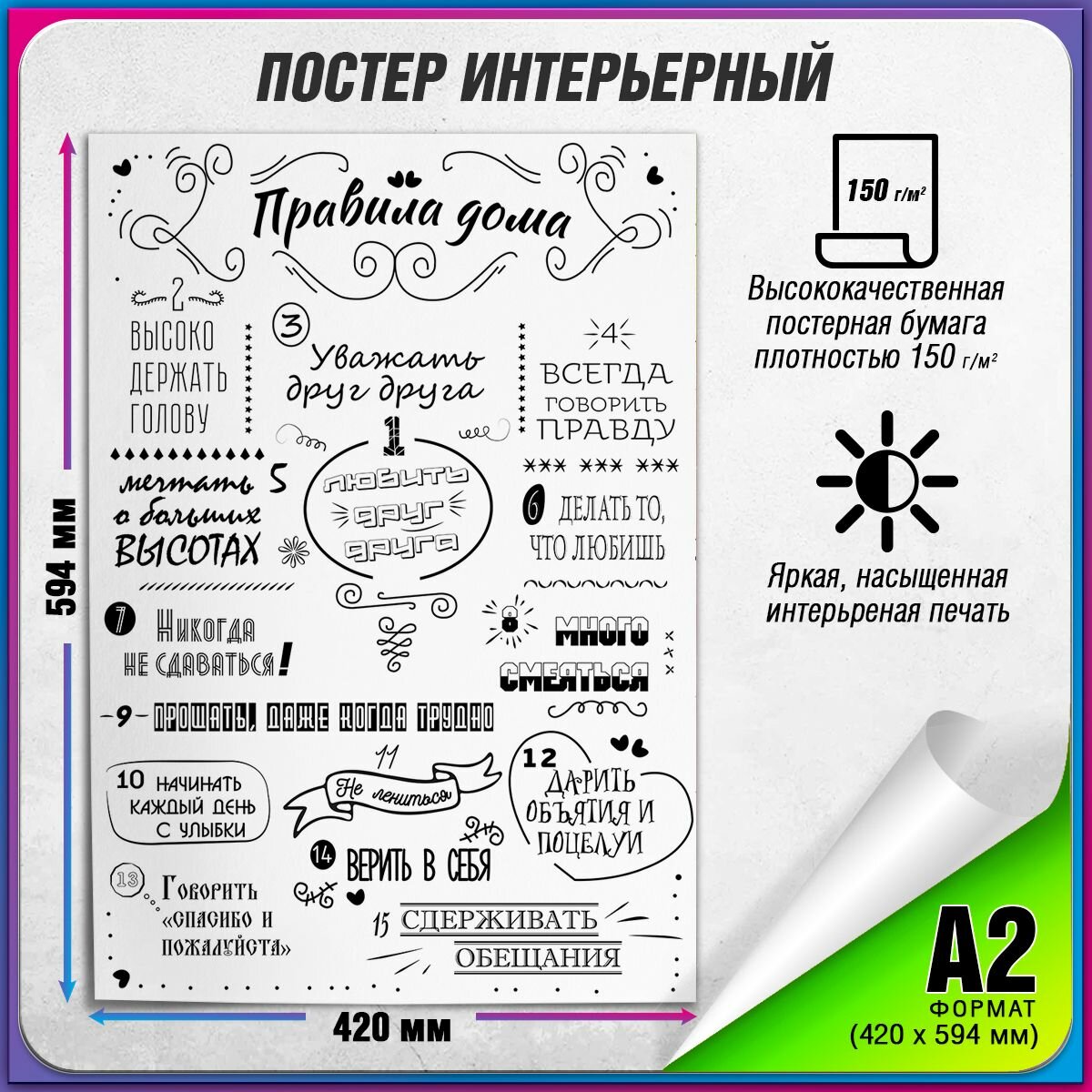 Интерьерный постер "Правила дома" / Картина с правилами дома на стену / А-2 (42x60 см.)
