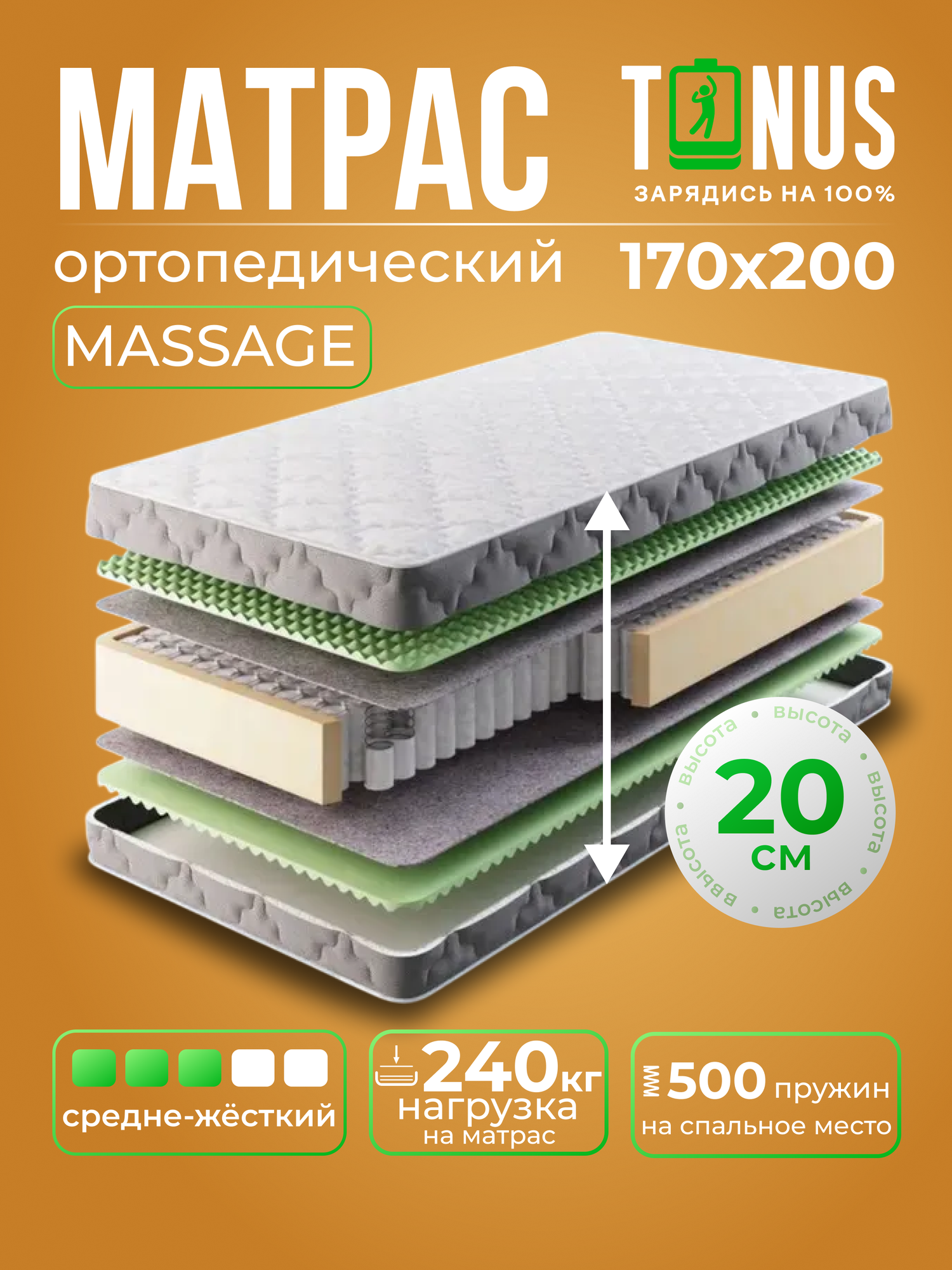 Ортопедический Матрас 170x200 Пружинный Tonus Massage, Независимые пружины