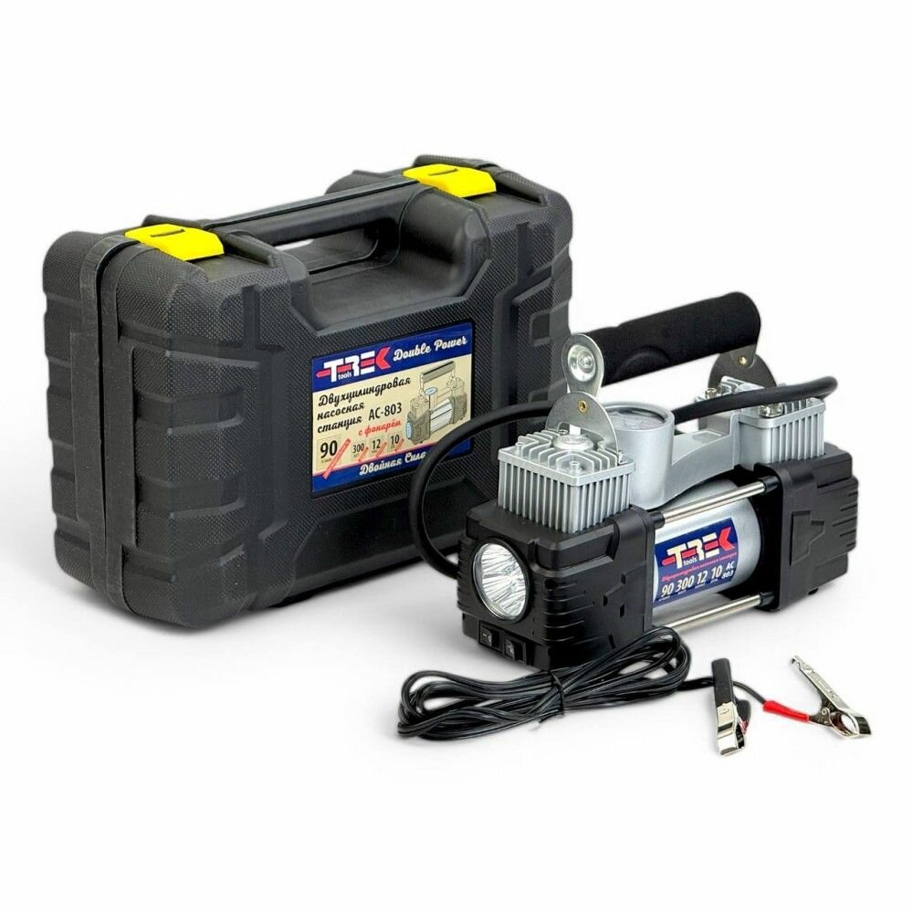 Компрессор 90 л/мин AC - 803 двухцилиндровый, с фонарем в кейсе + шиномонтажный инструмент