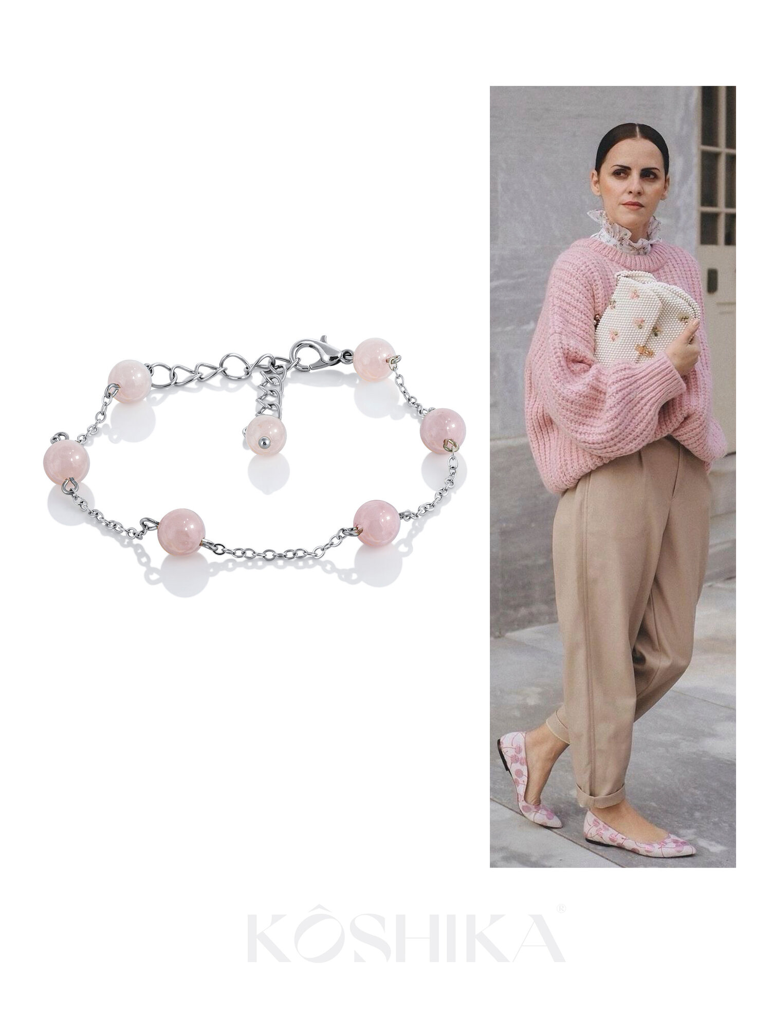 Браслет-цепочка, кварц розовый