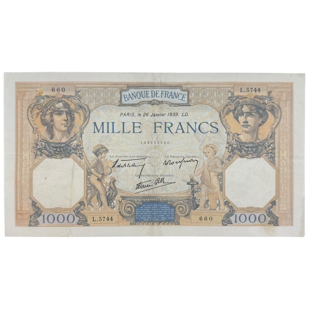 Франция 1000 франков 1939 г. (26.1.1939 LD) (Серия L.5744)