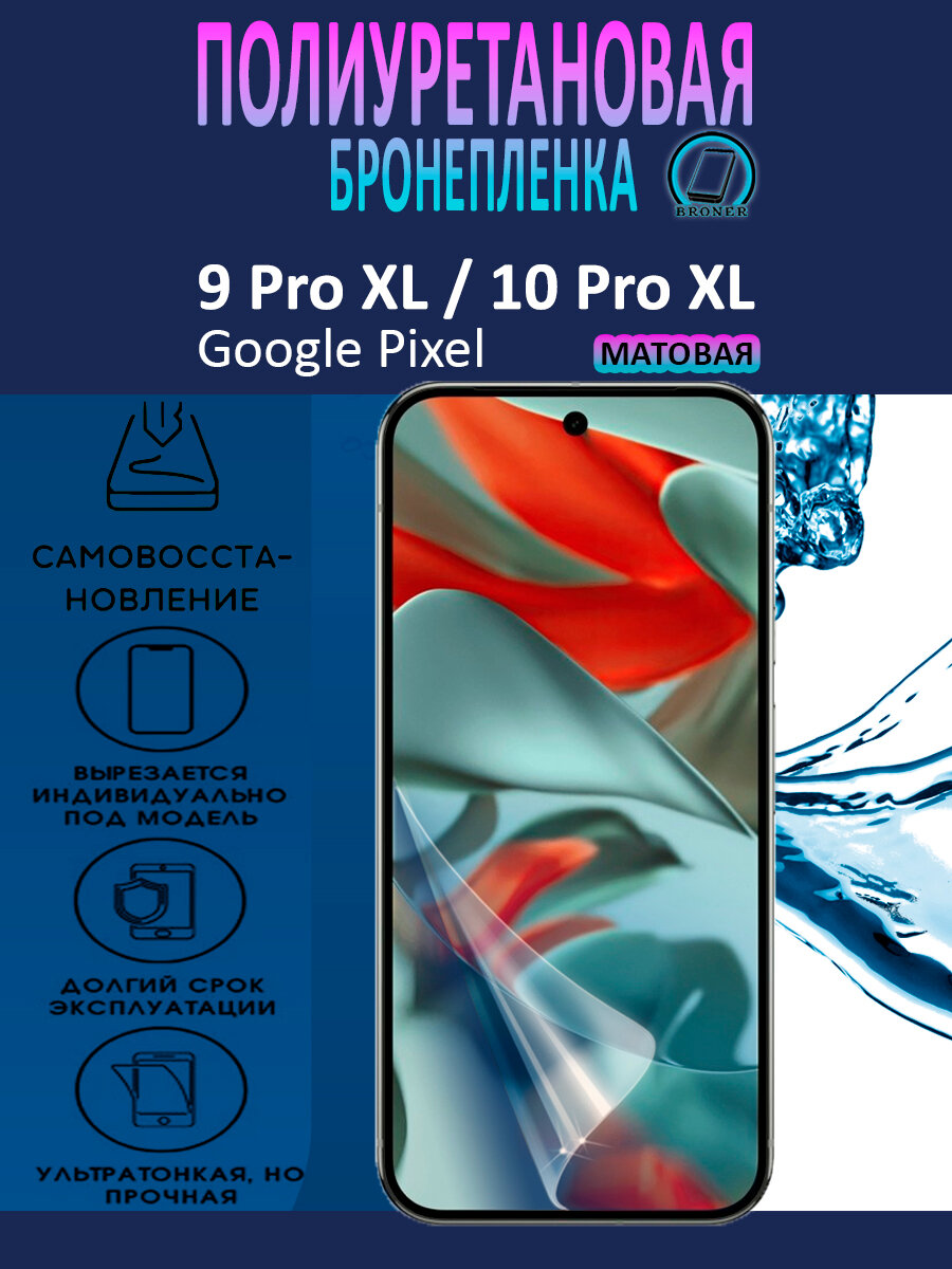 Полиуретановая бронепленка для Google Pixel 9(10) Pro XL / Защитная плёнка на экран, совместима с чехлом, с вырезом под камеру / Матовая
