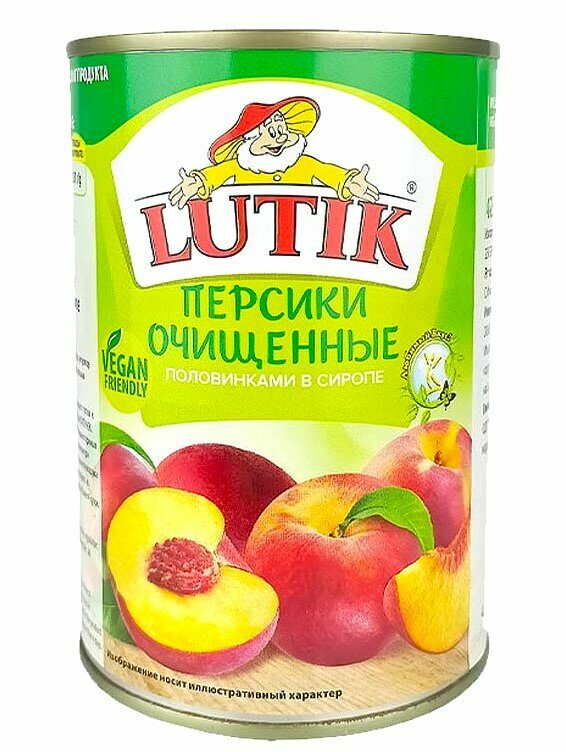 Персики Lutik очищенные половинкам в сиропе, консервированные, 425 мл