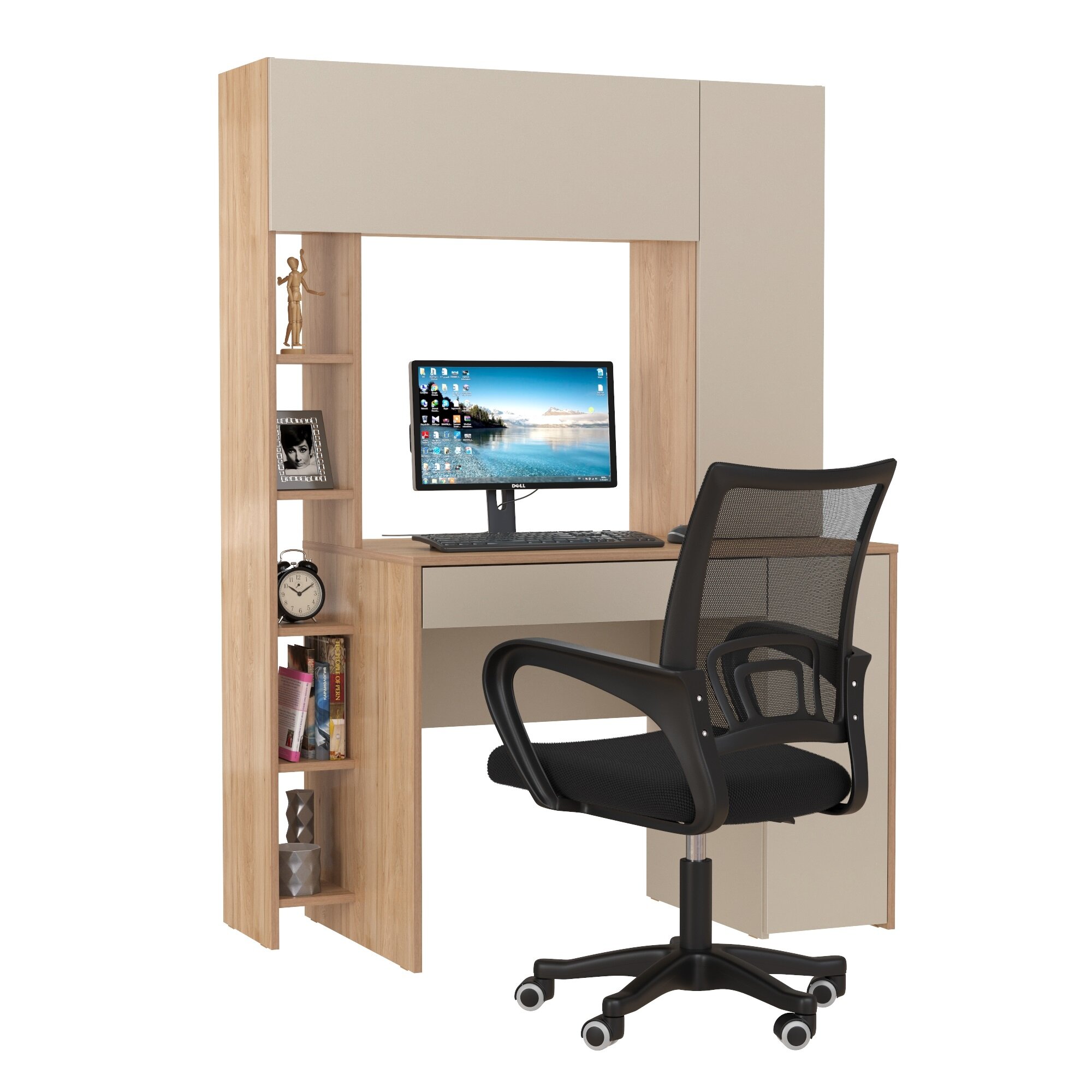 Комплект из компьютерного стола Комфорт 12.71 и черного кресла 103, гикори рокфорд натуральный/сатин