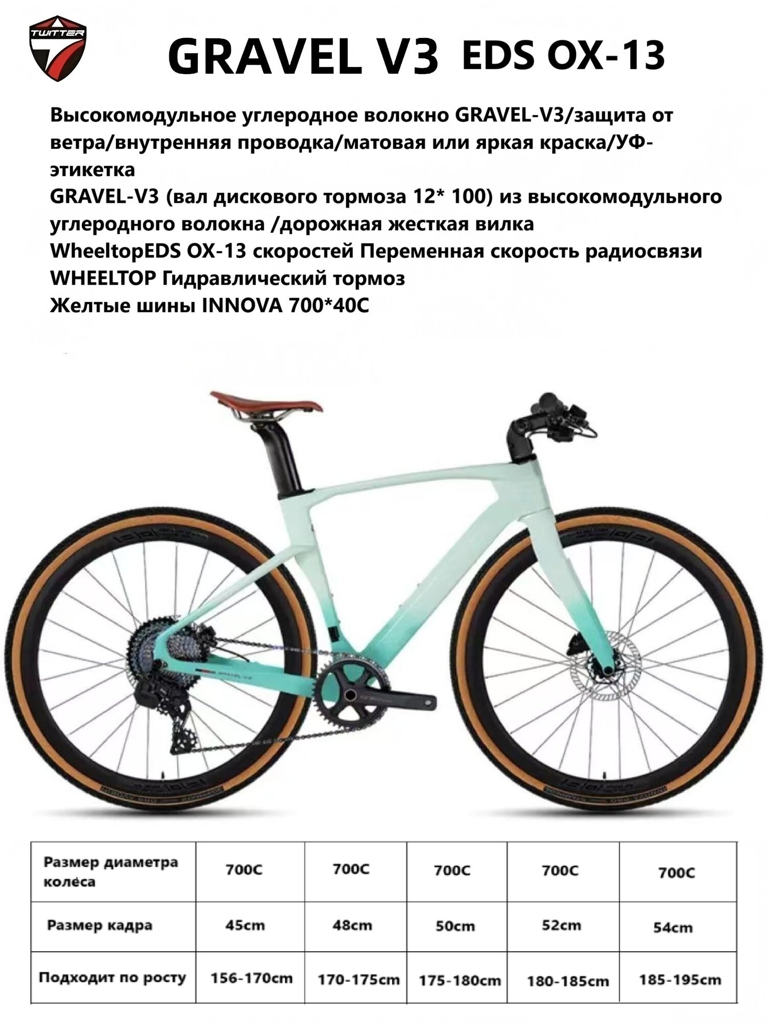 Велосипед Twitter Gravel-V3, карбоновая рама, гравийный, 29", 13 скоростей, откидывающийся на 90° подъемный руль