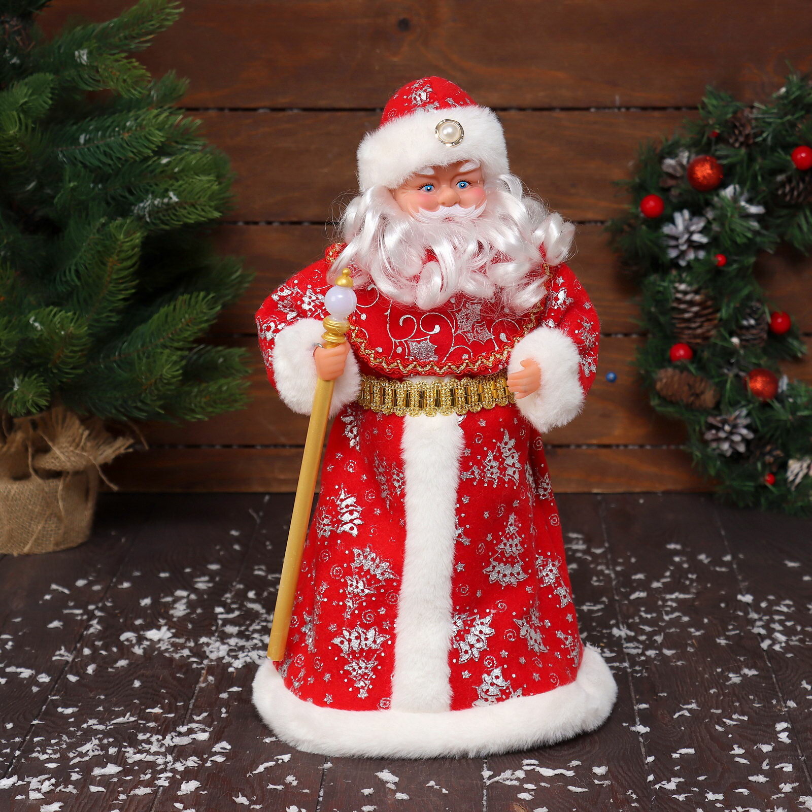 Дед Мороз под ёлку "Зимнее волшебство. Новогодняя игрушка в красной шубе, с посохом", 39 см, двигается, красный