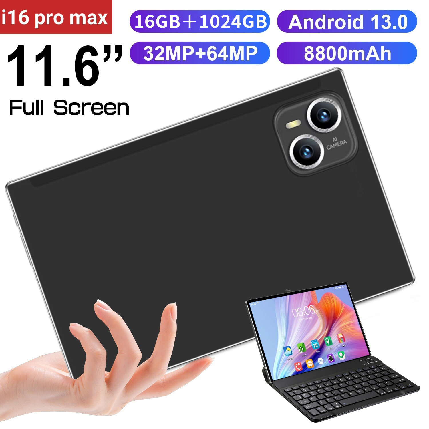 Игровой планшет i16 pro, Full HD 2560x1600, 1TB, 16GB, 2камеры, SIM, 5G--Чёрный