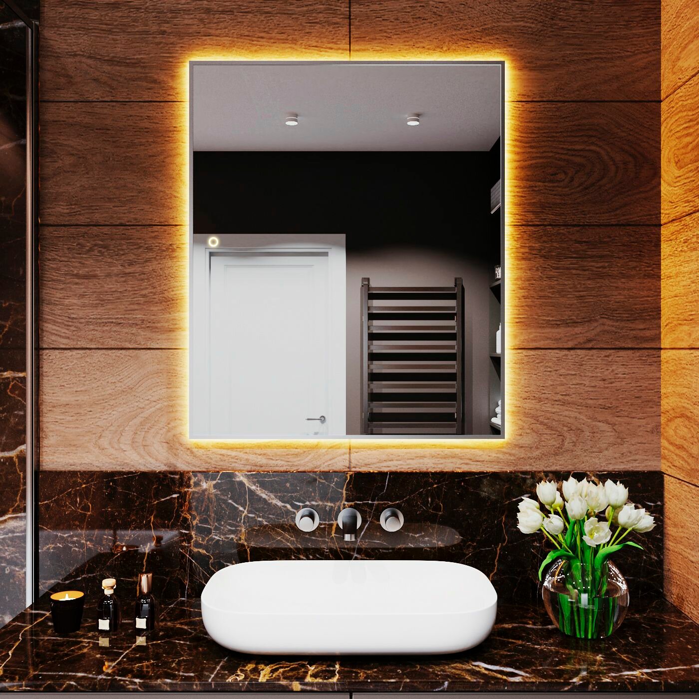 Зеркало настенное 90х70 см. BLX MIRROR с подсветкой в ванную сенсорное в алюминиевой раме, Серебро