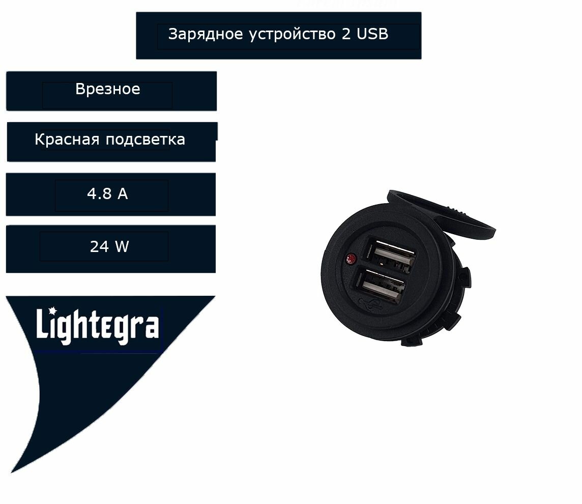 Зарядное устройство врезное 2 USB c красной подсветкой круглое 12-24 вольт 24 ватта 4.8 ампер