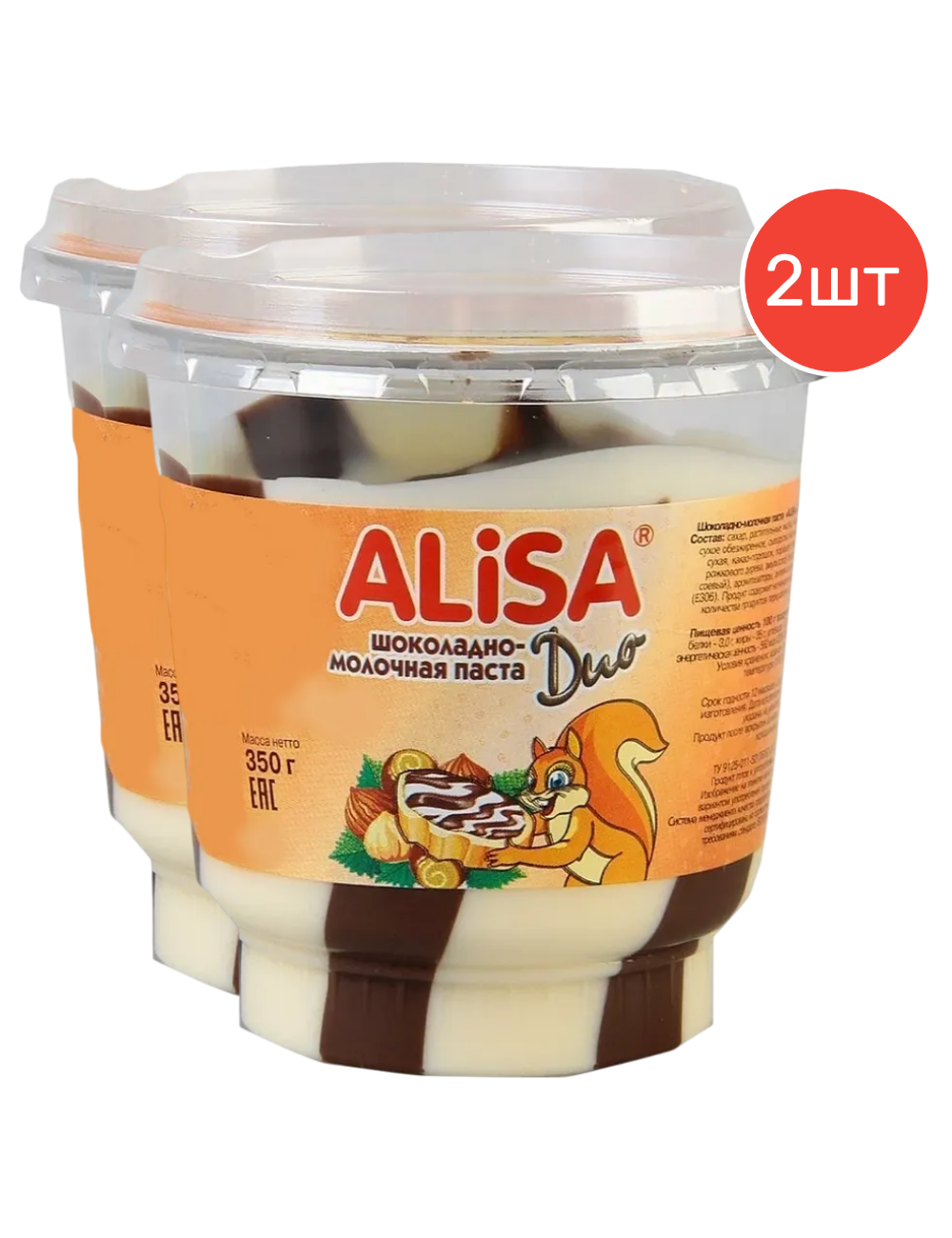 Шоколадно-молочная паста Alisa DUO, пластиковый стакан, 350г 2шт