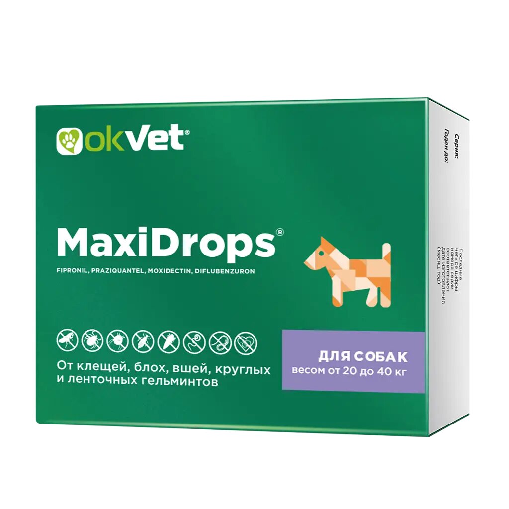 OkVet МаксиДропс капли на холку для собак весом от 20 до 40 кг 4 мл туба 1 шт