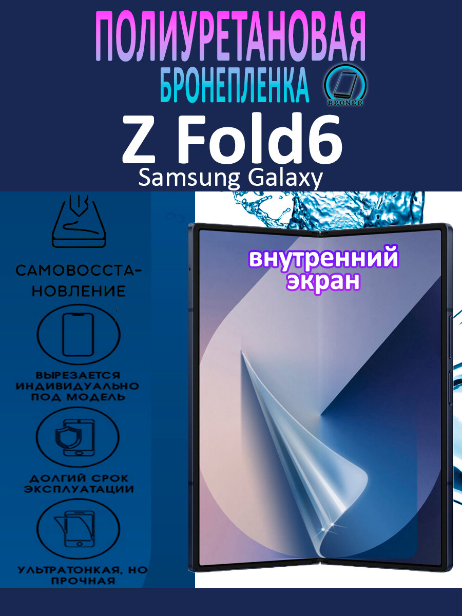 Полиуретановая бронепленка для Samsung Galaxy Z Fold6 / Защитная плёнка на весь внутренний экран, без выреза под камеру / Глянцевая