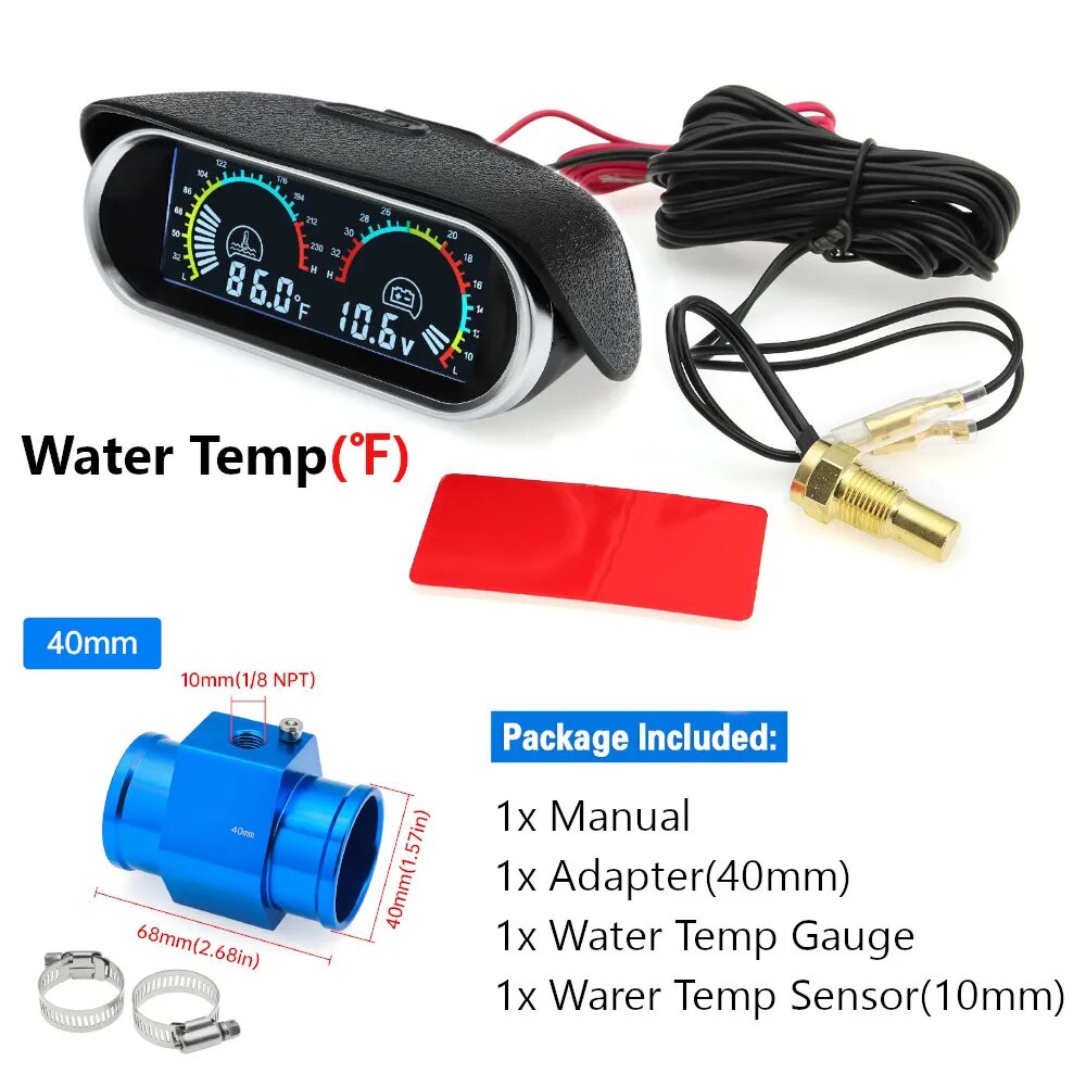 12 В/24 В авто автомобиль 2 в 1 ЖК цифровой дисплей Температура воды + Вольтметр + датчик температуры + адаптер (опционально) Универсальный для автомобилей, With 40mm Adapter