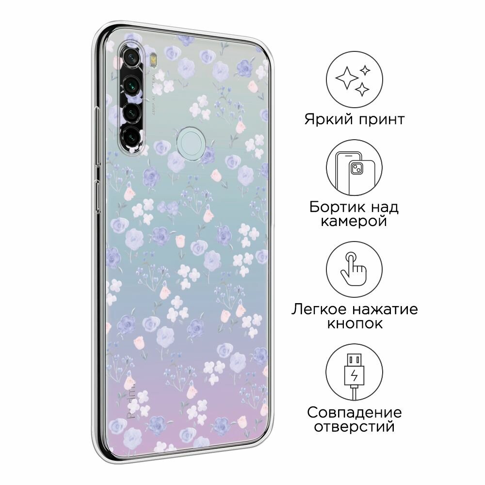 Чехол на Xiaomi Redmi Note 8T / Сяоми Редми Нот 8Т с принтом "Сиреневые розы паттерн", прозрачный — фото 1