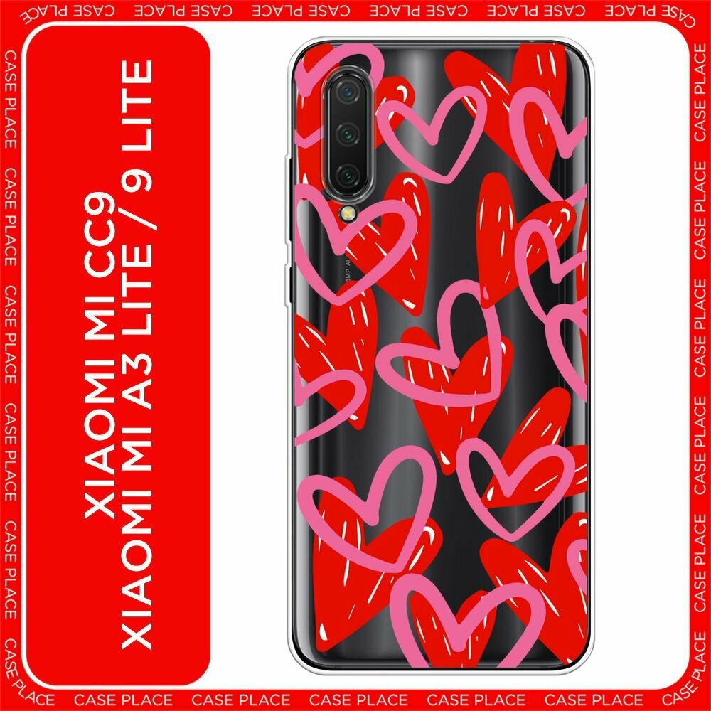 Чехол на Xiaomi Mi CC9/A3 Lite/9 Lite / Сяоми Mi CC9/A3 Lite/9 Lite с принтом "Hearts doodles - 14 февраля", прозрачный