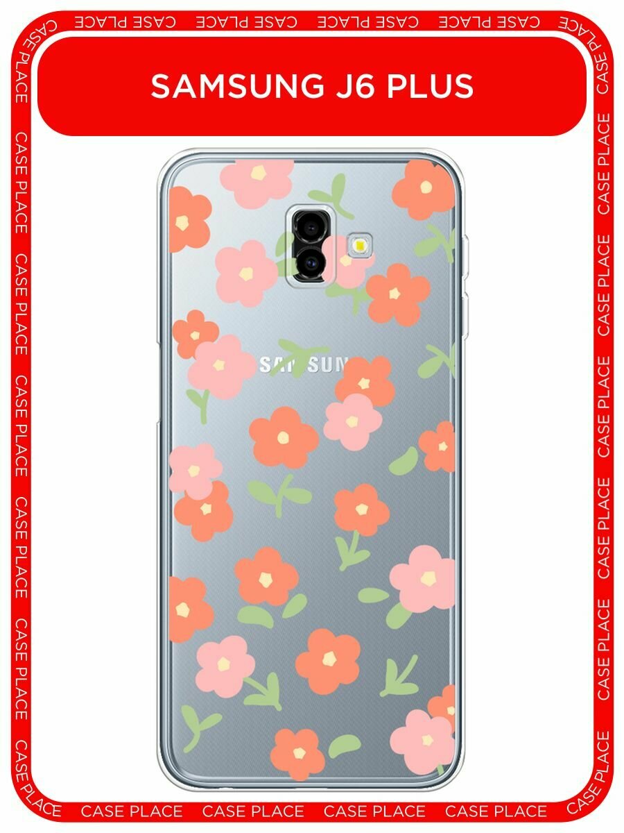 Чехол на Samsung Galaxy J6 + / Самсунг Галакси J6 Плюс 2018 с принтом "Красные цветочки рисунок", прозрачный