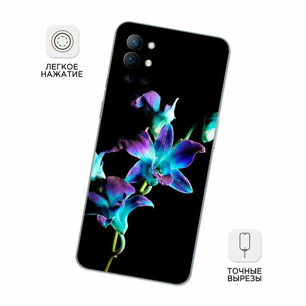 Чехол на OnePlus 9R / ВанПлас 9R с принтом "Синий цветок на черном" — фото 1