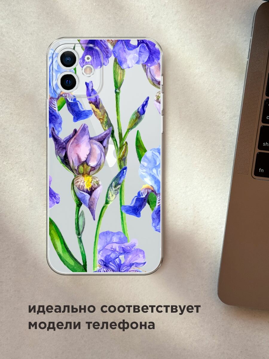 Чехол на Apple iPhone 12 mini / Айфон 12 Мини с принтом "Синие ирисы", прозрачный — фото 1