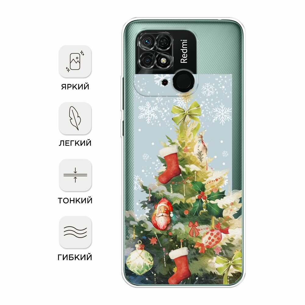Чехол на Xiaomi Redmi 10C / Сяоми Редми 10C с принтом Нарядная ель акварель, прозрачный — фото 1