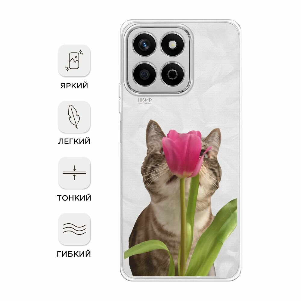 Чехол на Honor X7c / Хонор X7c с принтом "Кот с тюльпаном - 8 марта", прозрачный — фото 1