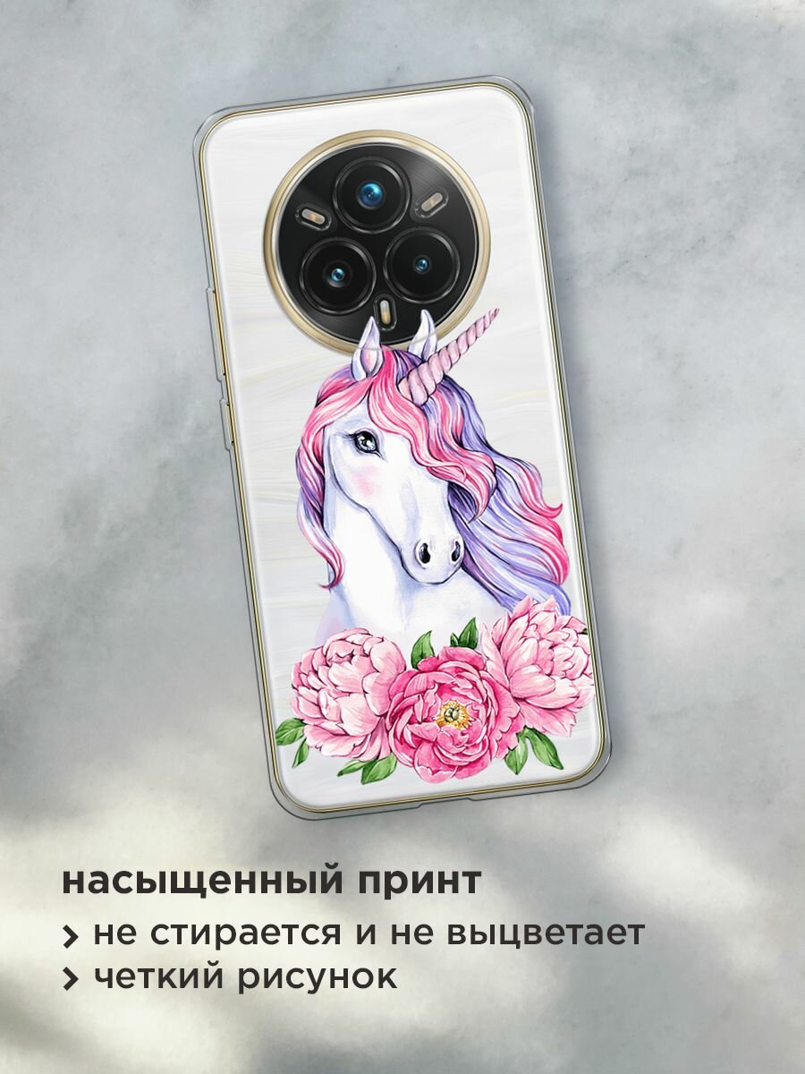 Чехол на Realme 14 Pro+ / Реалми 14 Про+ с принтом "Единорог с пионами", прозрачный — фото 1