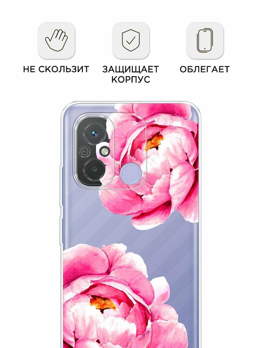 Чехол на Xiaomi Redmi 12C/Poco C55 / Редми 12C/Поко С55 с принтом "Open peonies", прозрачный — фото 1
