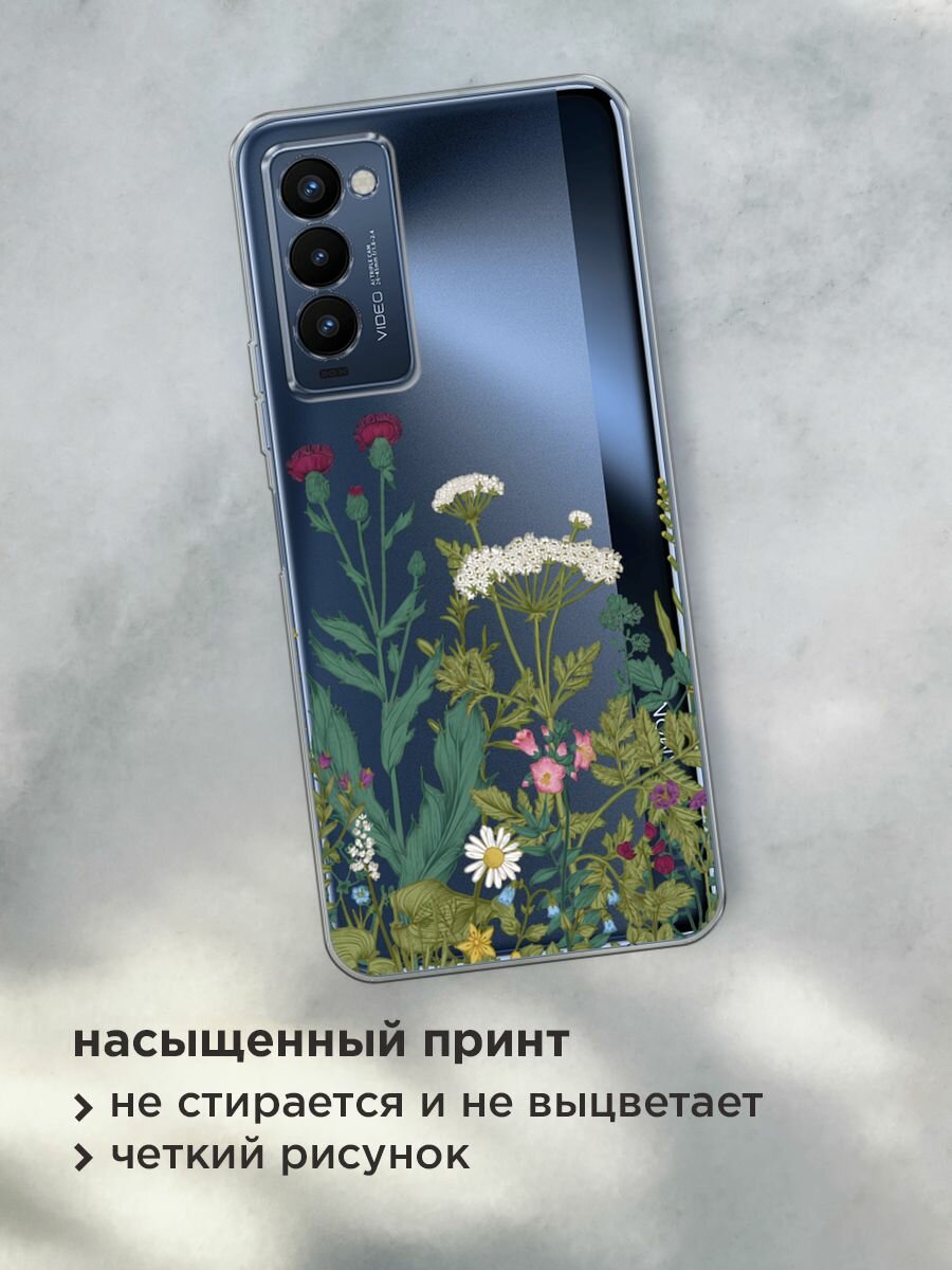 Чехол на Tecno Camon 18P / Техно Камон 18Р с принтом "Дикие полевые цветы", прозрачный — фото 1