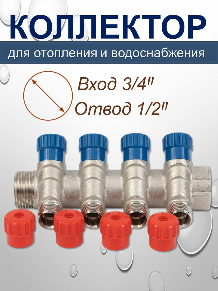 Коллектор с регулируемыми вентилями 4 вых. 3/4"х1/2" НР