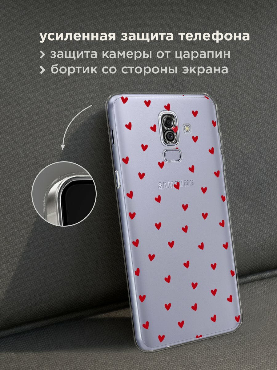 Чехол на Samsung Galaxy J8 / Самсунг Галакси Джей 8 с принтом "Red hearts", прозрачный — фото 1